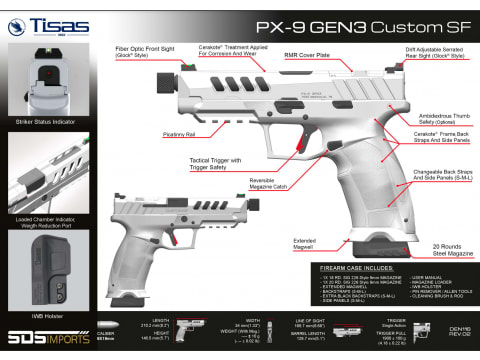 Tisas PX9 G3 SE Space White 9mm, 5.1" Threaded, Tactical Flat Trigger